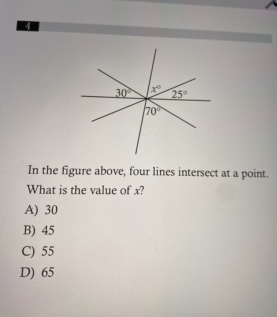 SOLVED: In the figure above, four lines intersect at a point. What is ...