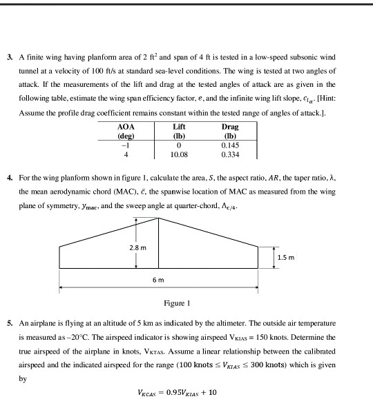 SOLVED: A finite wing having a planform area of 2 ft and a span of 4 ft ...