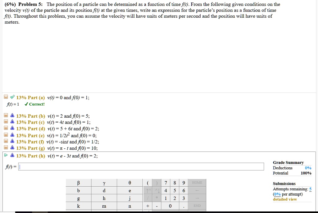 SOLVED: Problem 5: The position of a particle can be determined as a function of time f(t). From ...
