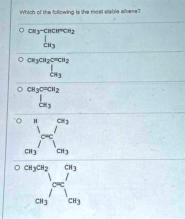 Which of the following is the most stable alkene? CH3-CHCH=CH2 | CH3 O CH3CH2C=CH2 | CH3 O CH3C ...