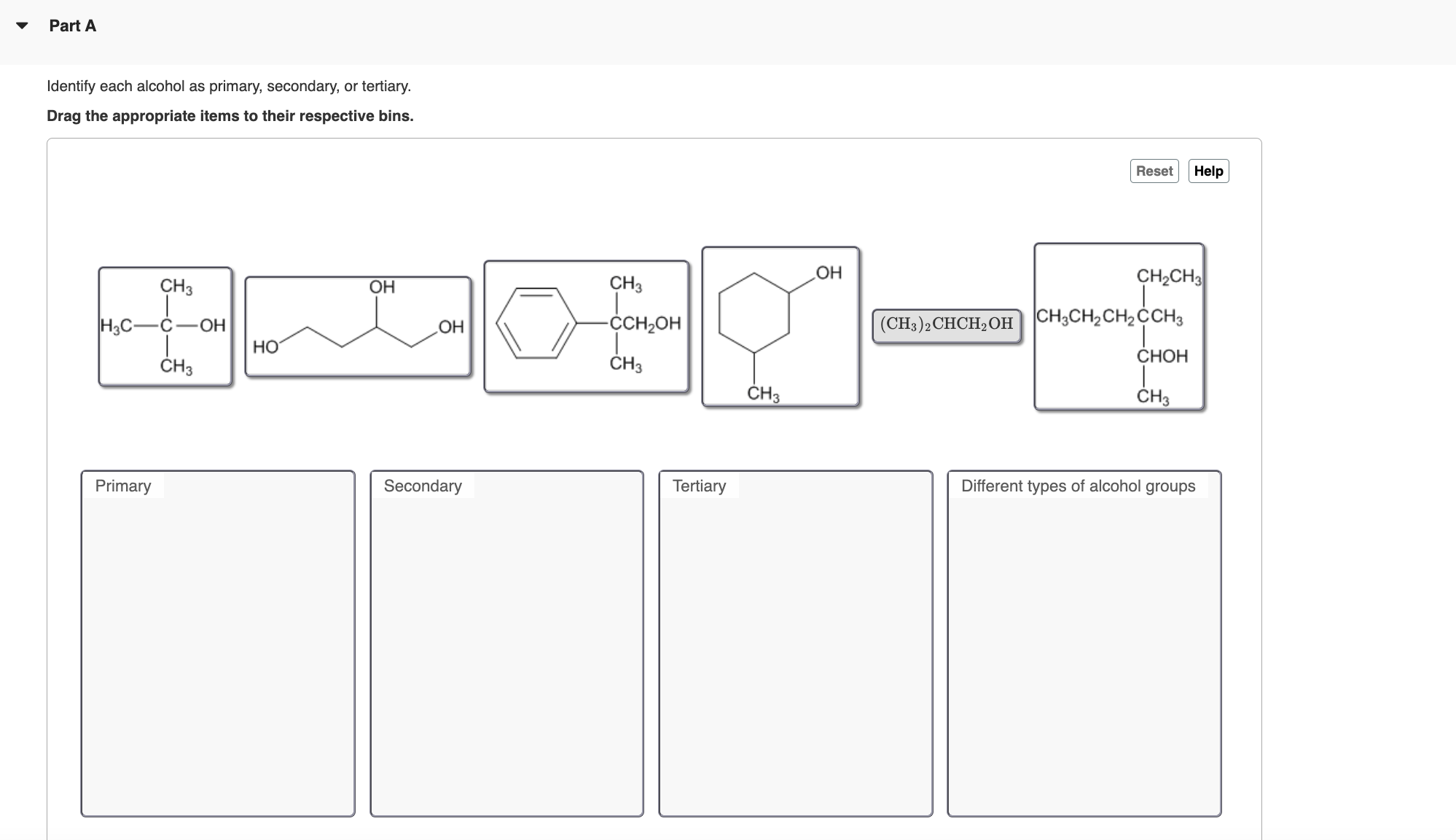 Identify each alcohol as primary, secondary, or tertiary. Drag the ...