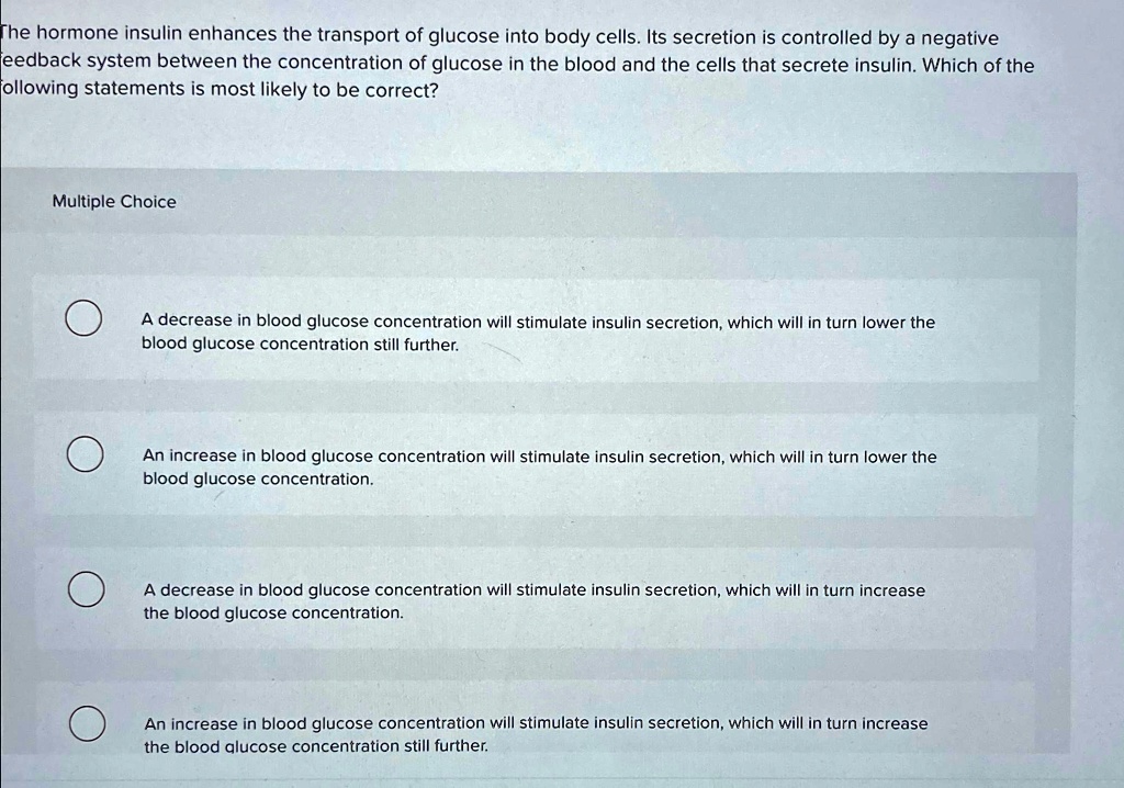 SOLVED: The hormone insulin enhances the transport of glucose into body cells. Its secretion is ...