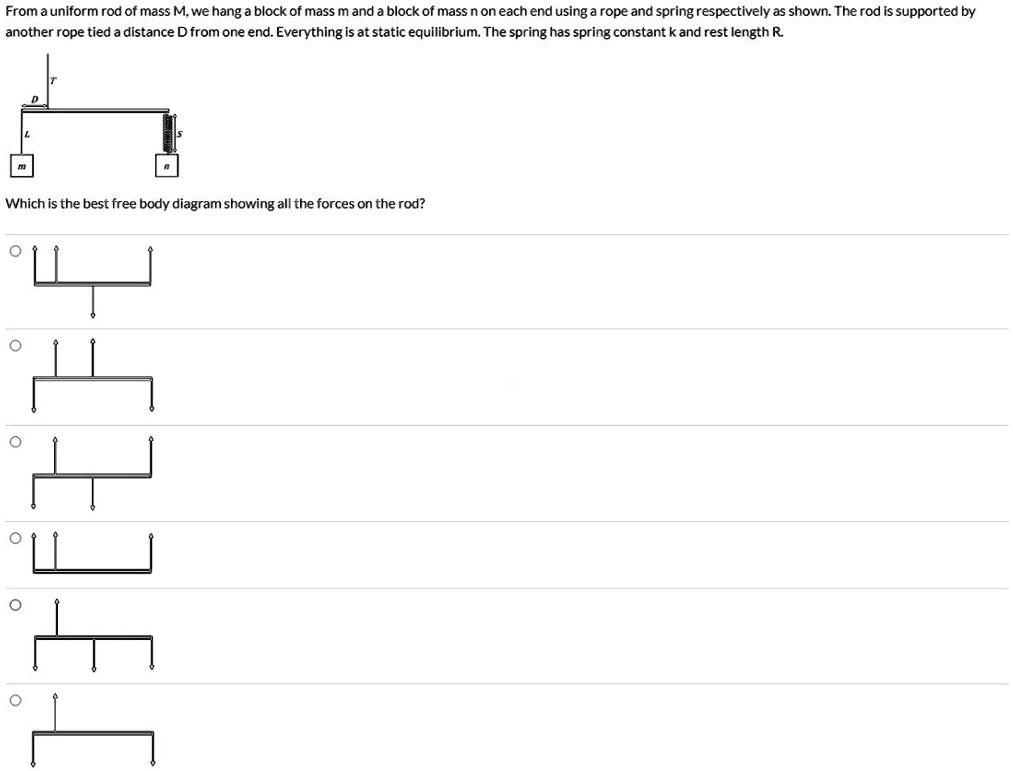 SOLVED: From uniform rod of mass M,we hang block of mass mand block of ...