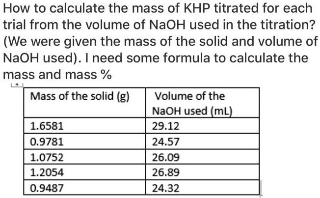 How to calculate the mass of KHP titrated for each trial from the volume of NaOH used in the ...