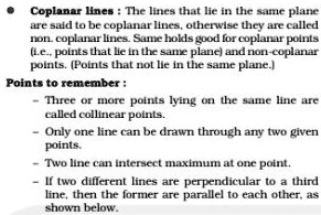 Coplanar lines: The lines that lie in the same plane are said to be coplanar lines, otherwise ...