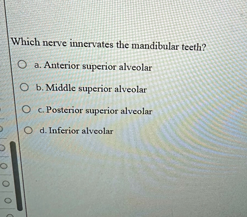 Which nerve innervates the mandibular teeth? a. Anterior superior ...