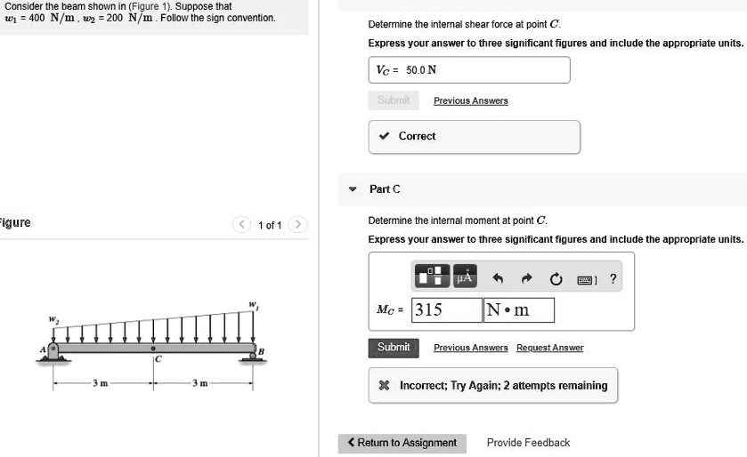 Consider the beam shown in (Figure 1). Suppose that w1 = 400 N/m, w2 = 200 N/m. Follow the sign ...