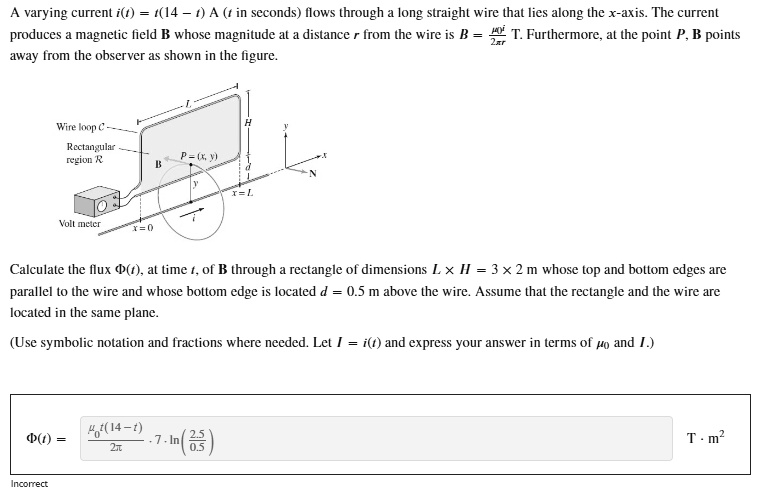 SOLVED: A varying current i(t) = t(14 t) A (t in seconds) flows through a long straight wire ...