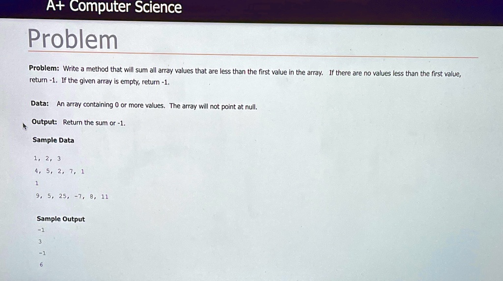A+ Computer Science Problem Problem: Write a method that will sum all ...