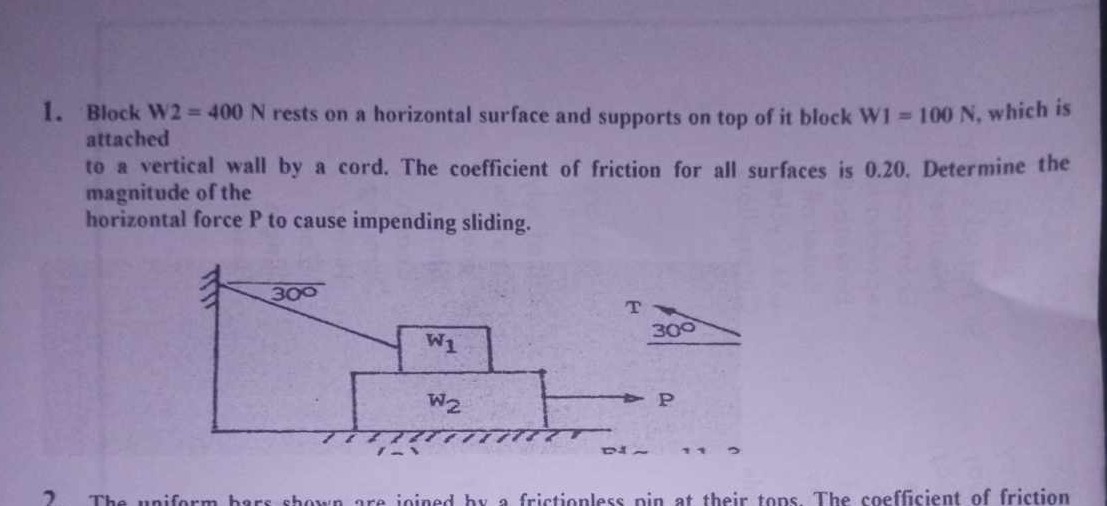 SOLVED: 1. Block W 2=400 N rests on a horizontal surface and supports on top of it block W 1=100 ...