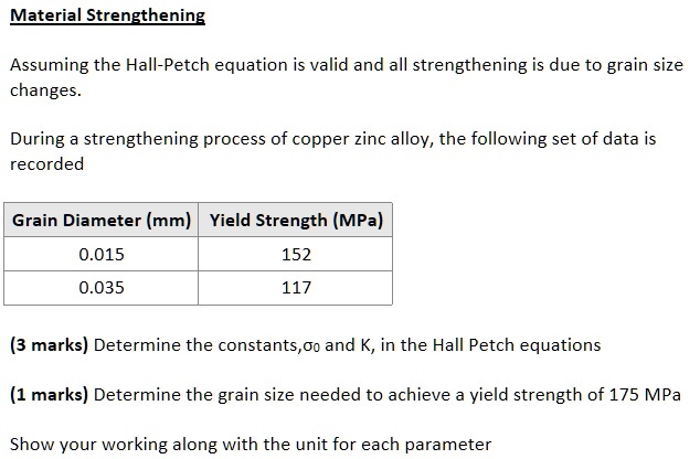 SOLVED: Material Strengthening Assuming the Hall-Petch equation is ...