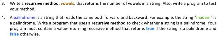 Solved Write Recursive Method Vowels That Returns The Number Ofvowels In String Also Write 8249