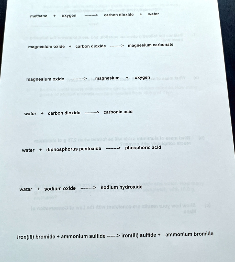 methane oxygen carbon dioxide water magnesium oxide carbon dioxide ...