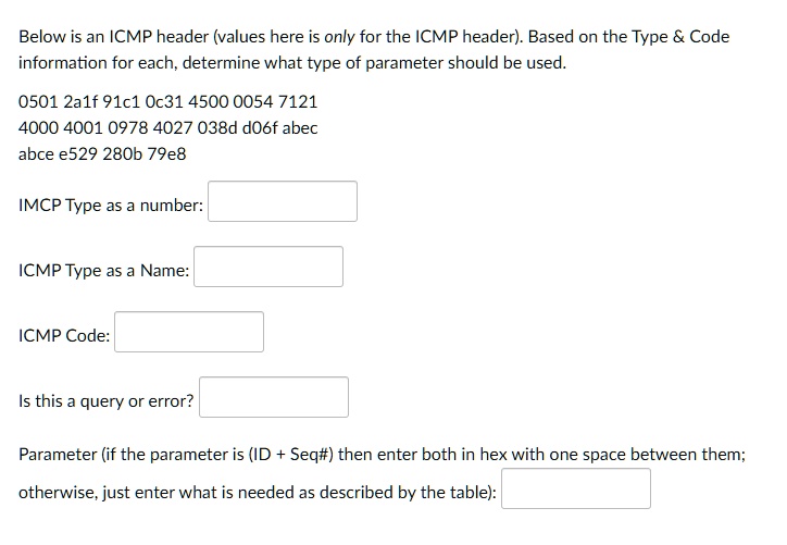 SOLVED: Below is an ICMP header (values here are only for the ICMP header). Based on the Type ...