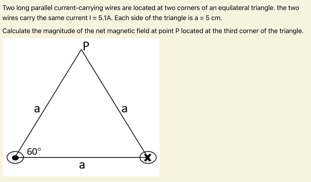 Two long parallel current-carrying wires are located at two corners of an equilateral triangle ...