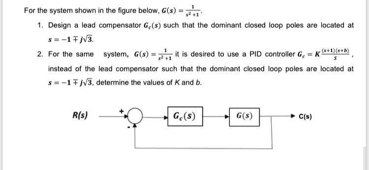 SOLVED: 1. Design a lead compensator Gs such that the dominant closed loop poles are located at ...