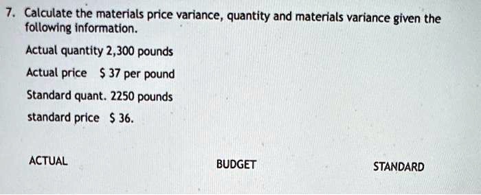 SOLVED: calculate the materials price variance, quantity and materials variance given the ...