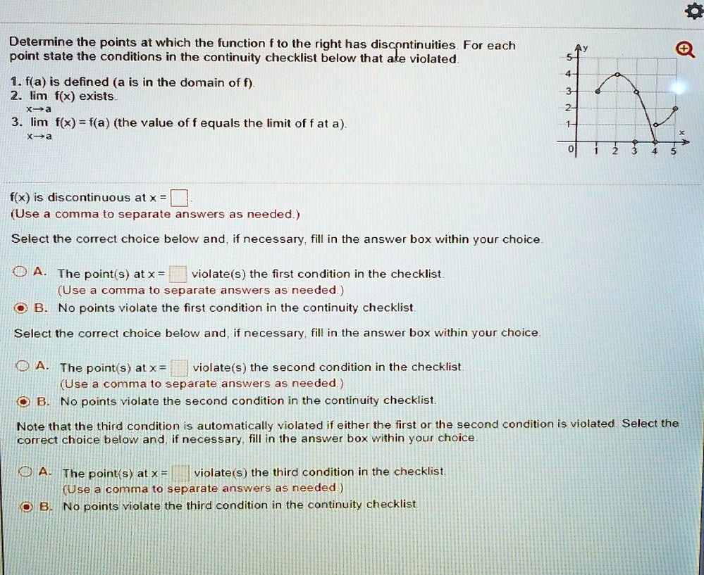 Determine the points at which the function f to the right has discontinuities. For each point ...