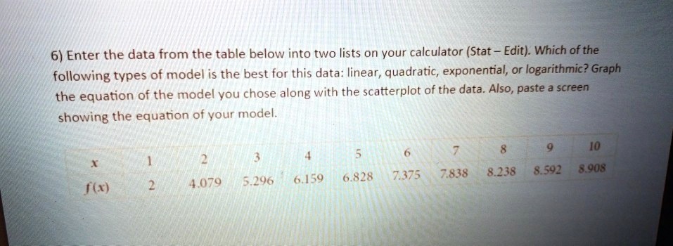 6) Enter the data from the table below into two lists on your calculator (Stat - Edit). Which of ...