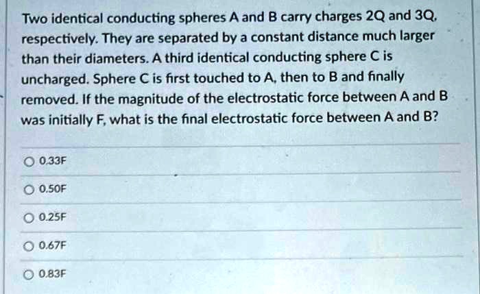 SOLVED: Two identical conducting spheres A and B carry charges 2Q and 3Q, respectively. They are ...