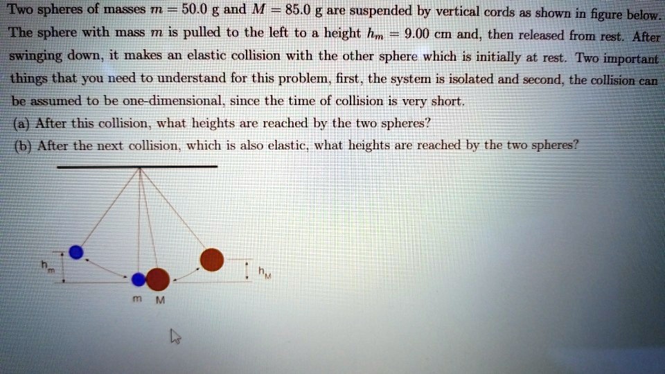 SOLVED: Two spheres of masses m = 50.0 g and M = 85.0 g are suspended ...