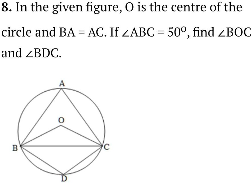 SOLVED: In the above figure, AB = AC and angle ABC = 50 degrees. Then ...