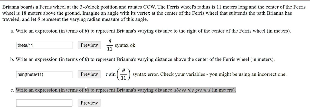 brianna boards ferris wheel at the 3 0clock position and rotates ccw ...