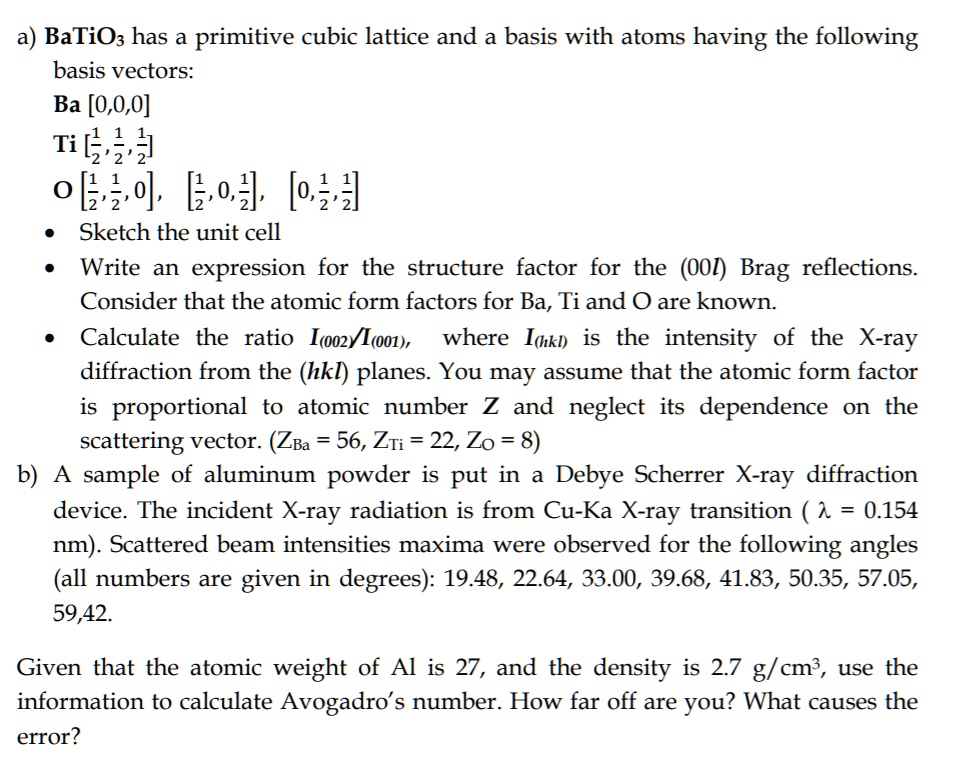 a batio3 has a primitive cubic lattice and a basis with atoms having the following basis vectors ...