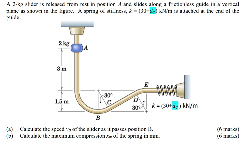 a 2 kg slider is released from rest in position a and slides along a frictionless guide in a ...