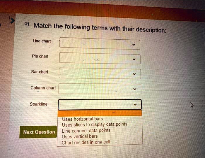 SOLVED: 2 Match the following terms with their description Line chart Pie chart Bar chart Column ...