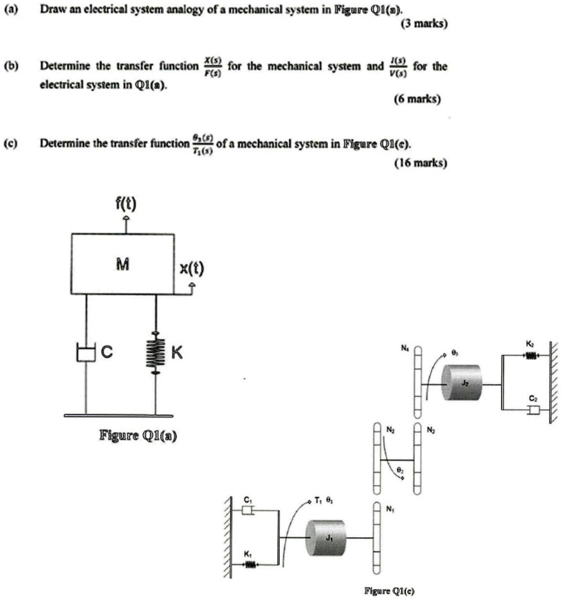 (a) Draw an electrical system analogy of a mechanical system in Figure Q1(a). (3 marks) (b ...