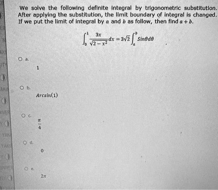 SOLVED:We solve the following definite integral by trigonometric ...