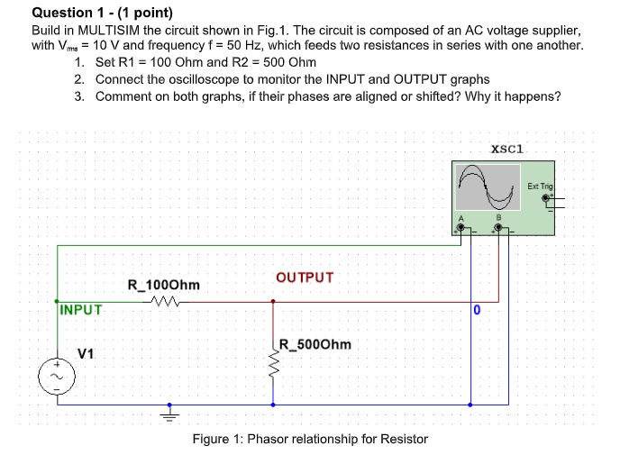 Question 1 (1 point) Build in MULTISIM the circuit shown in Fig. 1. The circuit is composed of ...