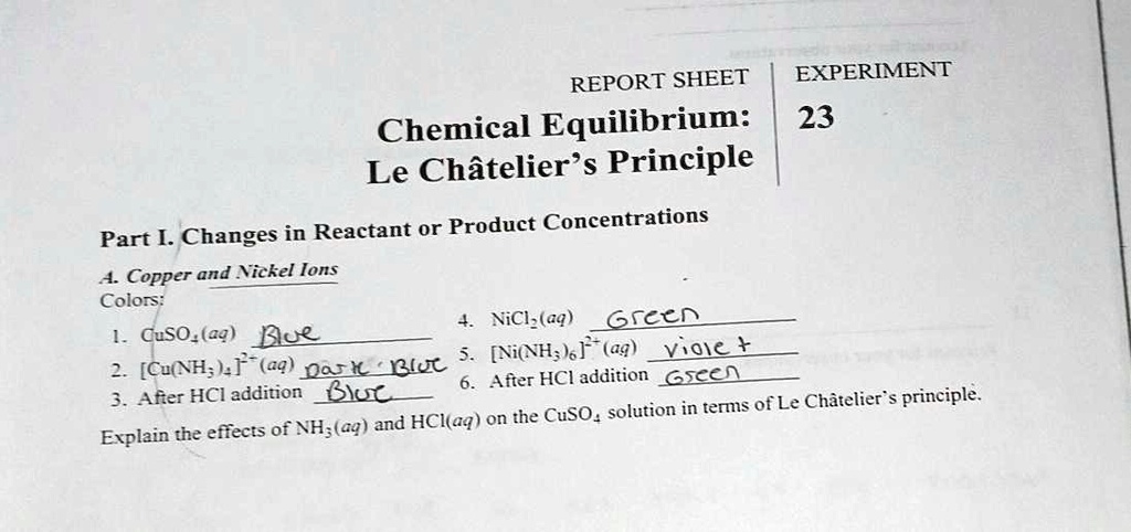 REPORT SHEET EXPERIMENT 23 Chemical Equilibrium: Le Châtelier's ...