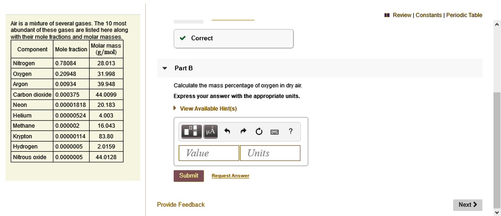 SOLVED: Revlew Constants Periodic Table AIr iS mixture of several gases. The 10 most abundant ...