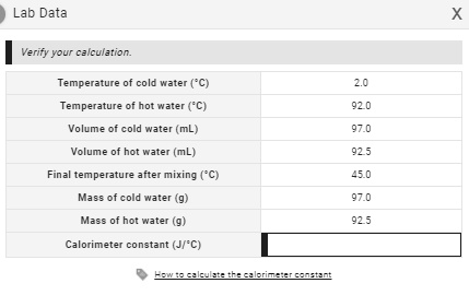 SOLVED: Lab Data Verify your calculation Temperature cold water (Â°C) Temperature hot water ...