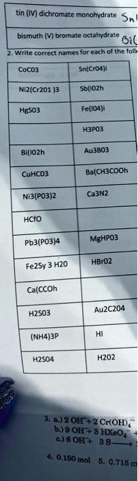 SOLVED: Tin (IV) dichromate monohydrate Sn bismuth (V) bromate ...