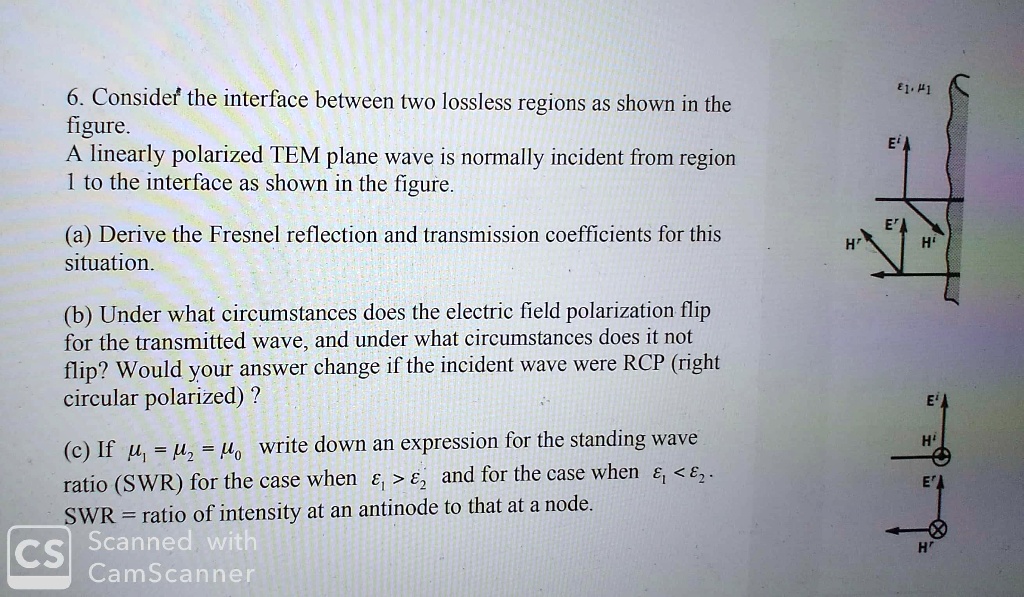 SOLVED: 6. Consider the interface between two lossless regions as shown ...