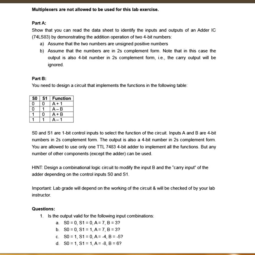 SOLVED: Multiplexers are not allowed to be used for this lab exercise ... SOLVED: Multiplexers are not allowed to be used for this lab exercise ...