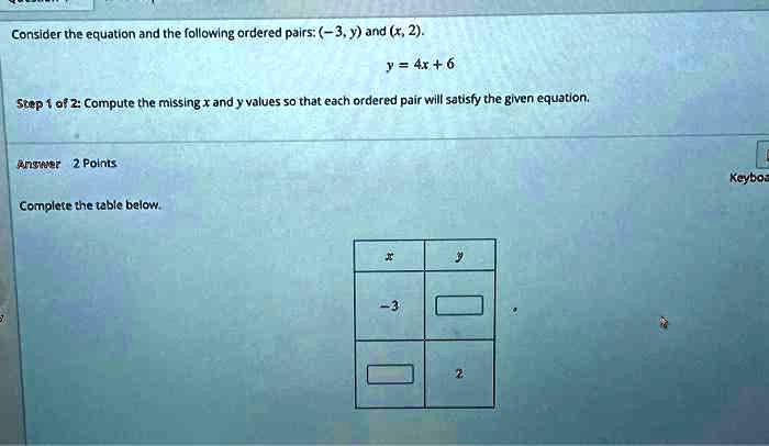 SOLVED: Consider the equation and the following ordered pairs: (-3, y) and (x, 2). y = 4x + 6 ...