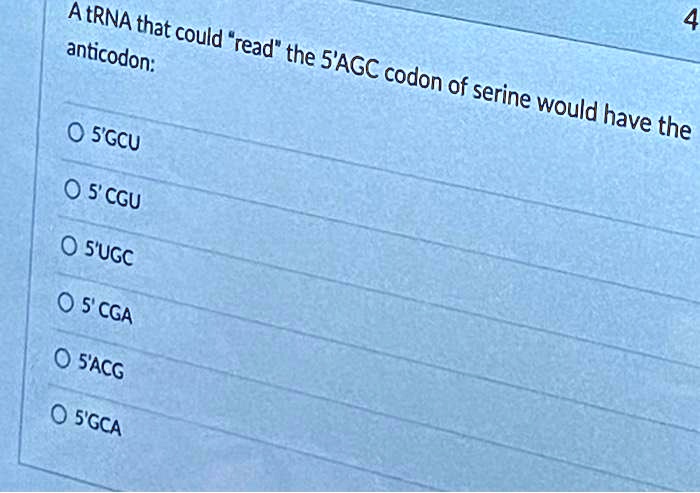 SOLVED: Anticodon: A tRNA that could read the 5'AGC codon of serine ...