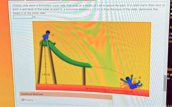 SOLVED: Text: Children slide down a frictionless water slide that ends at a height of 1.80 m ...