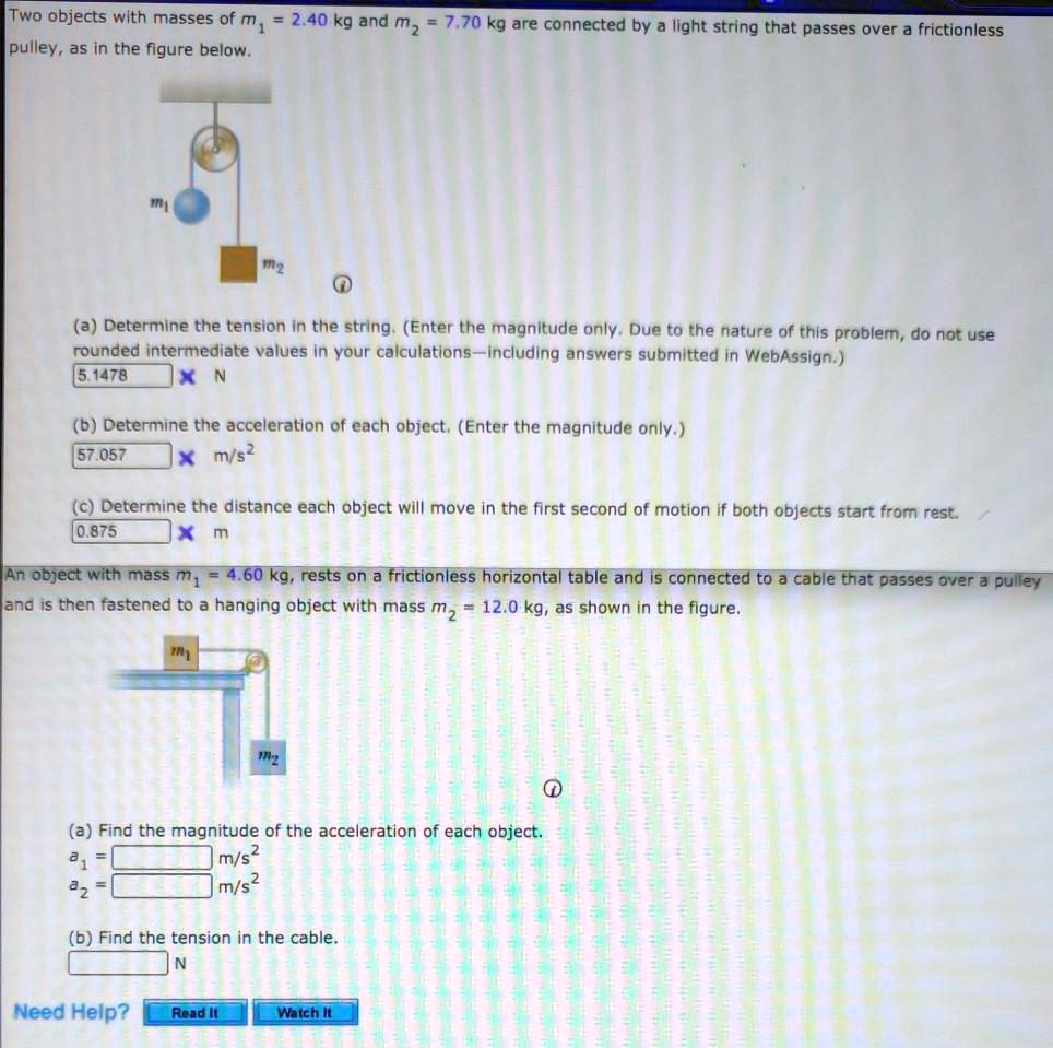 two objects with masses of mi 240 kg and mz 770 kg are connected by a light string that passes ...
