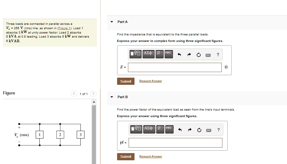 SOLVED: Three loads are connected in parallel across a V = 255 V (rms) line, as shown in Figure ...