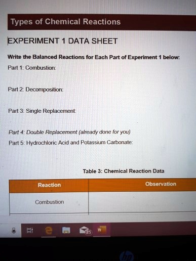 Types of Chemical Reactions EXPERIMENT 1 DATA SHEET Write...