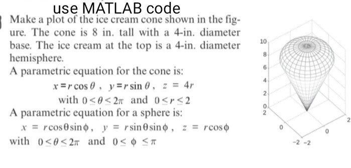 use MATLAB code Make a plot of the ice cream cone shown in the figure. The cone is 8 in. tall ...