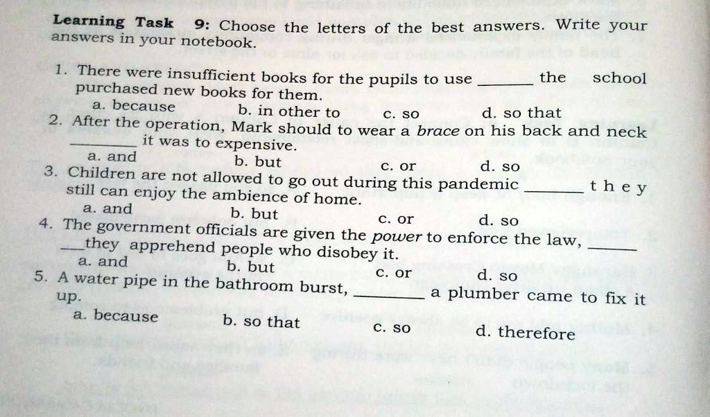 learning task 9 choose the letters of the best answers write your answers in your notebook 1 ...