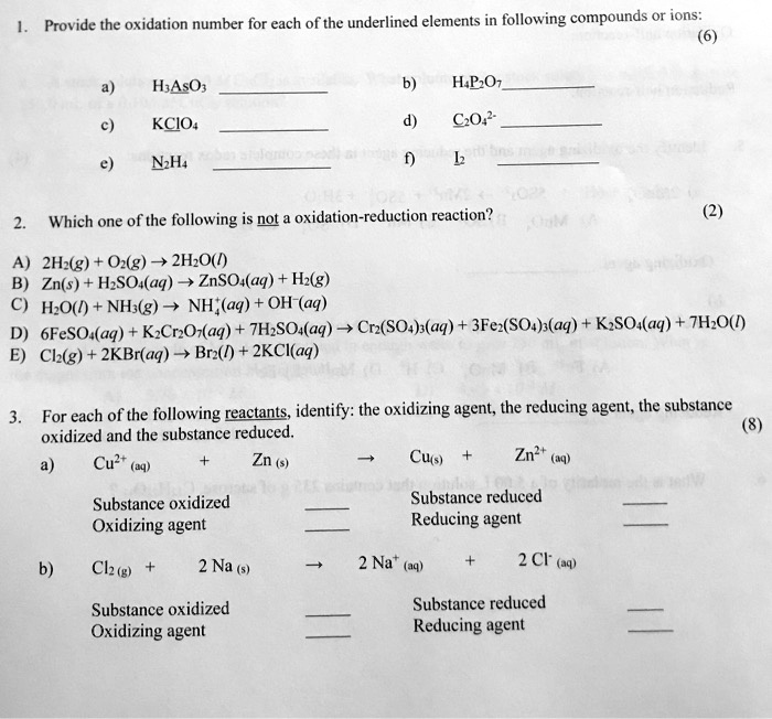 Solved Provide The Oxidation Number For Each Of The Underlined