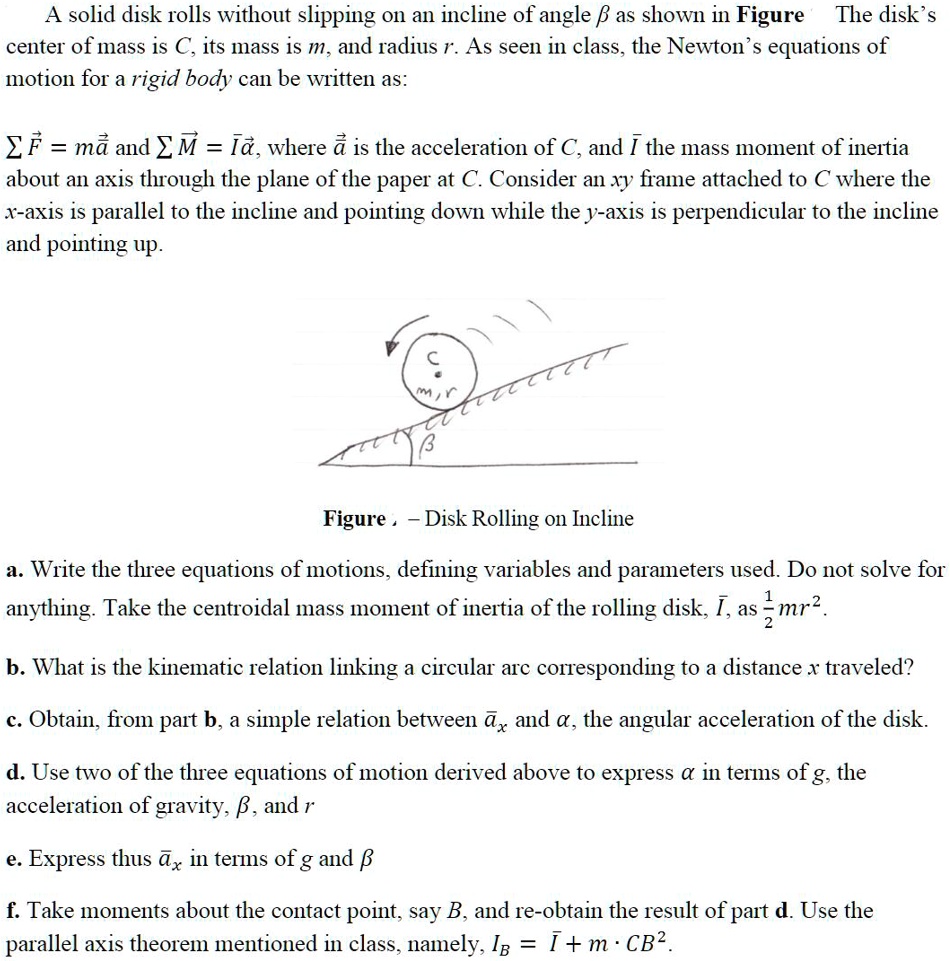 A solid disk rolls without slipping on an incline of angle β as shown in Figure. The disk's ...