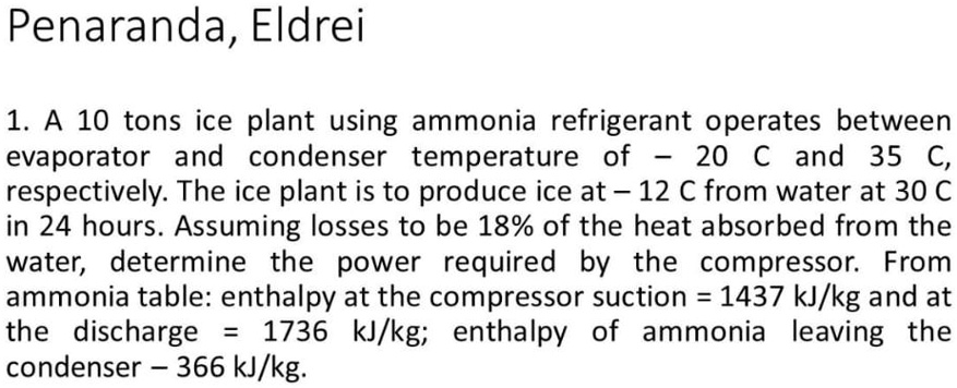 SOLVED: A 10-ton ice plant using ammonia refrigerant operates between ...